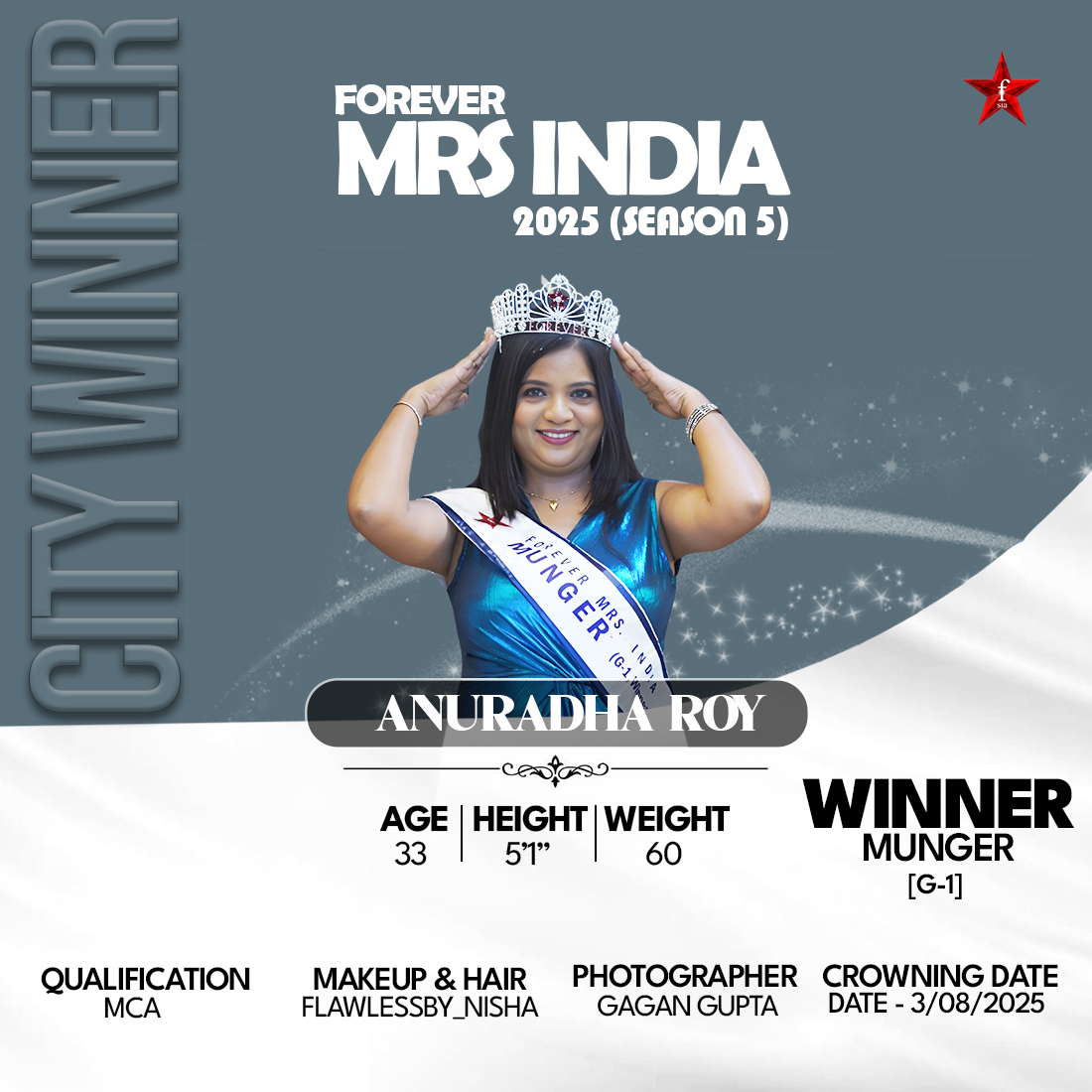 Anuradha Roy crowned Mrs Munger | Mrs India City Winner 2025